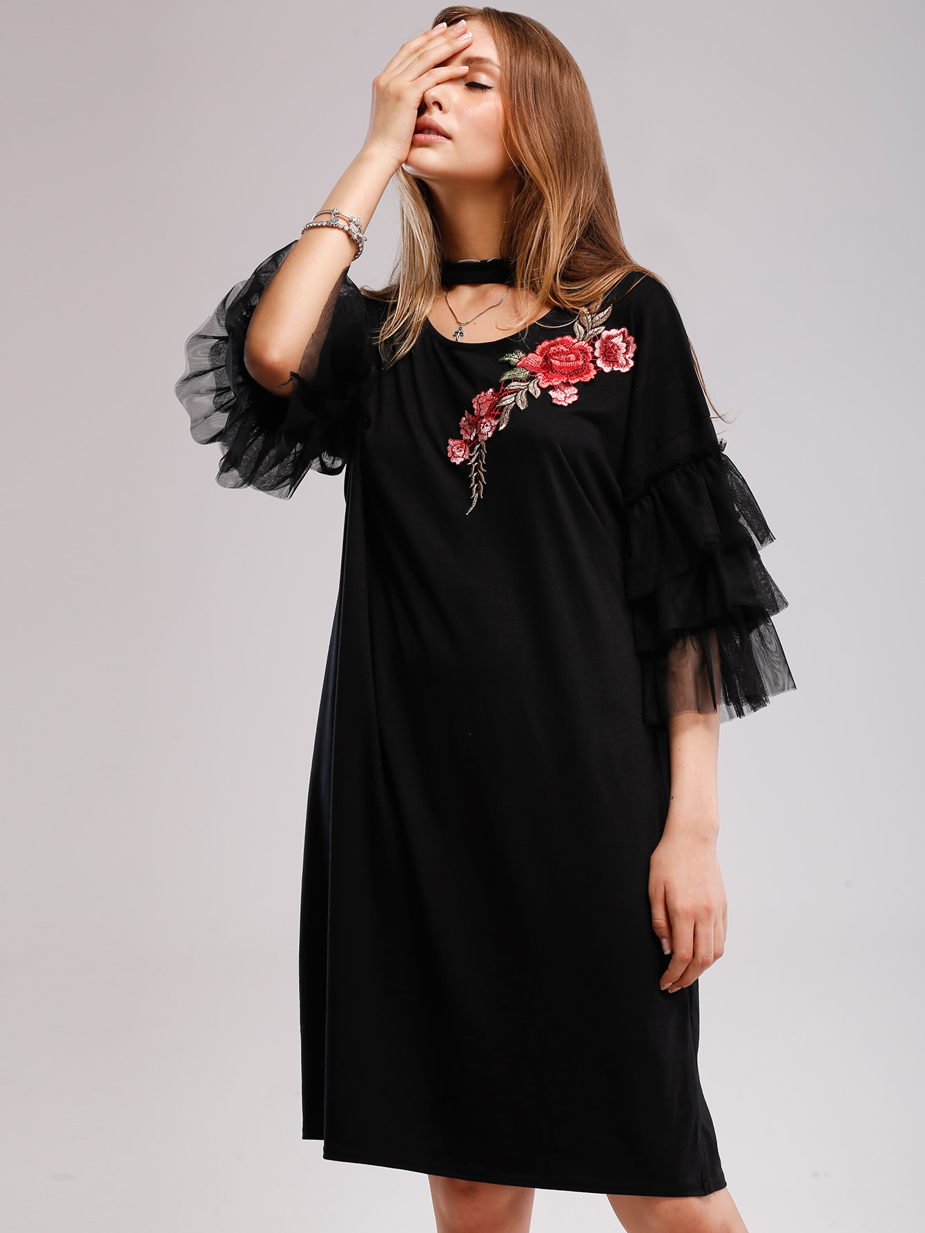 Appliques Contrast Tiered Mesh Cuff Choker Dress Shein Sheinside