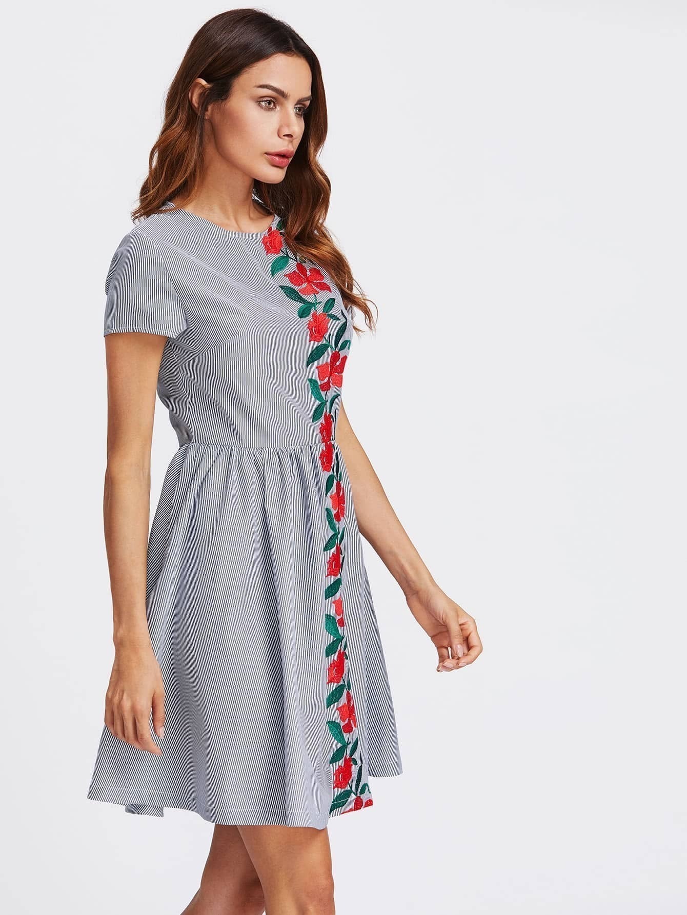Embroidered Flower Panel Fit And Flare Striped Dress Shein Sheinside