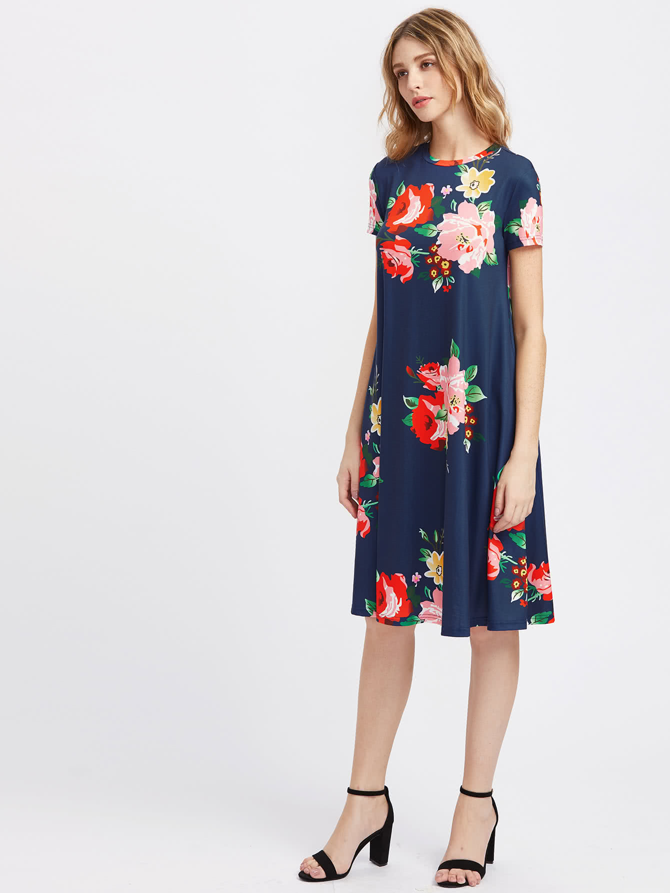 Flower Print Side Pocket Detail Swing Tee Dress Shein Sheinside