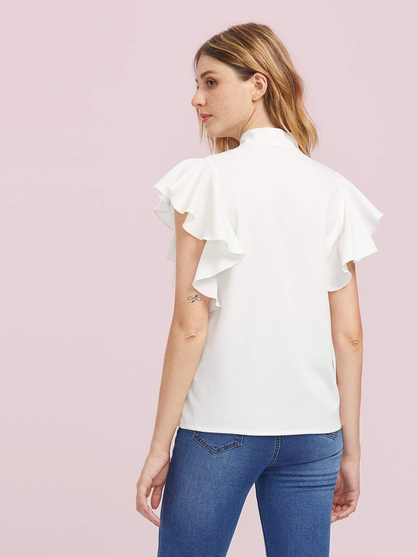 Bow Tie Front Flutter Sleeve Blouse Shein Sheinside