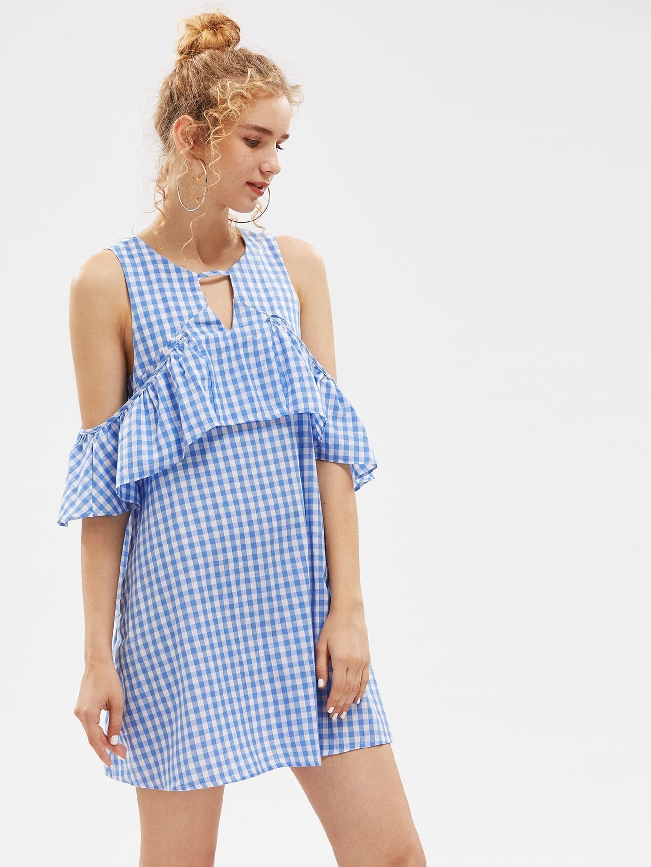 Open Shoulder Ruffle Trim Gingham Dress Shein Sheinside