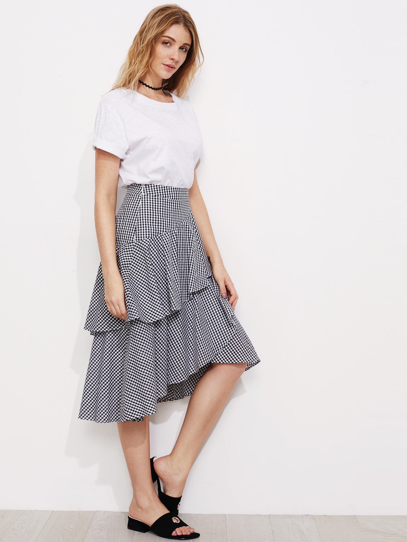Asymmetric Flounce Trim Gingham Skirt Shein Sheinside