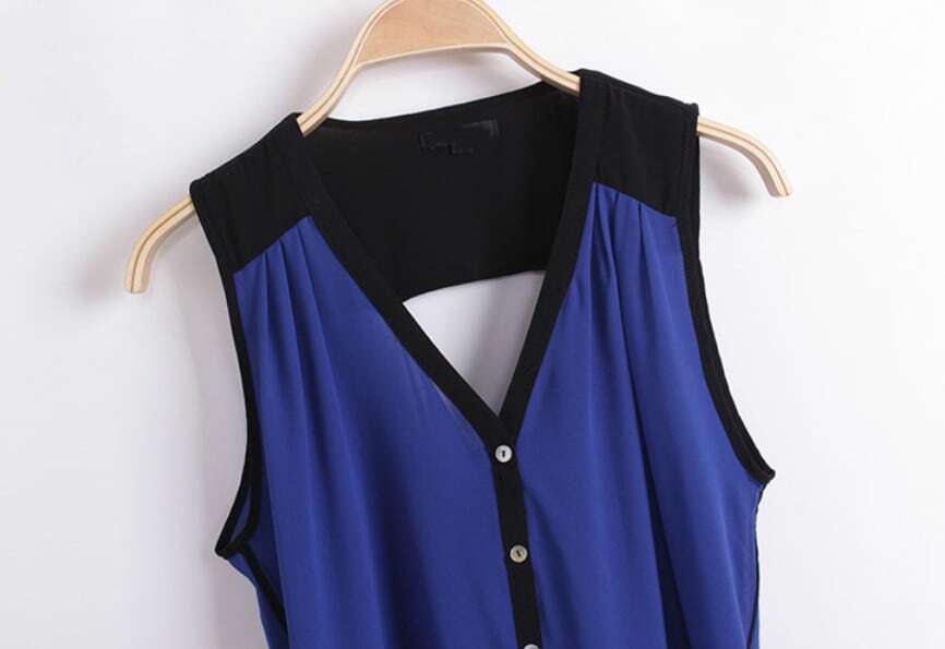 Blue V Neck Sleeveless Buttons Dipped Hem Blouse Shein Sheinside