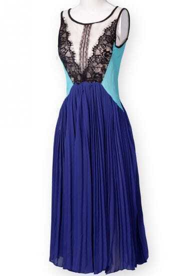 Blue Sleeveless Lace Pleated Chiffon Dress Shein Sheinside