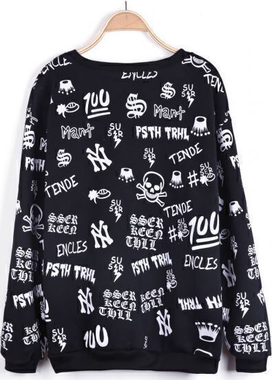 Black Long Sleeve Skull Print Loose Sweatshirt Shein Sheinside