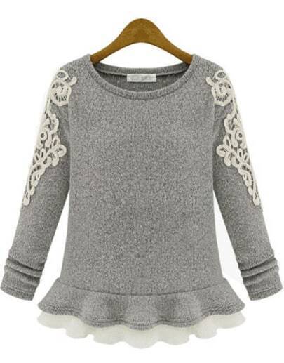 Grey Long Sleeve Embroidered Ruffle Sweater Shein Sheinside