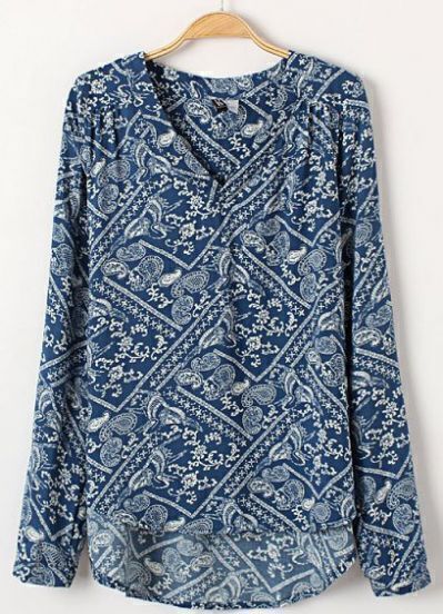 Blue V Neck Long Sleeve Floral Dipped Hem Blouse Shein Sheinside