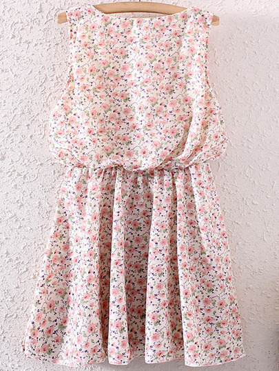 Pink Sleeveless Floral Pleated Chiffon Dress Sheinsheinside