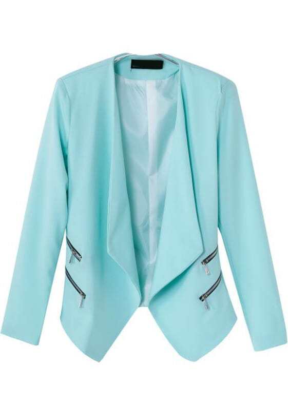 Blue Lapel Long Sleeve Zipper Crop Blazer Shein Sheinside