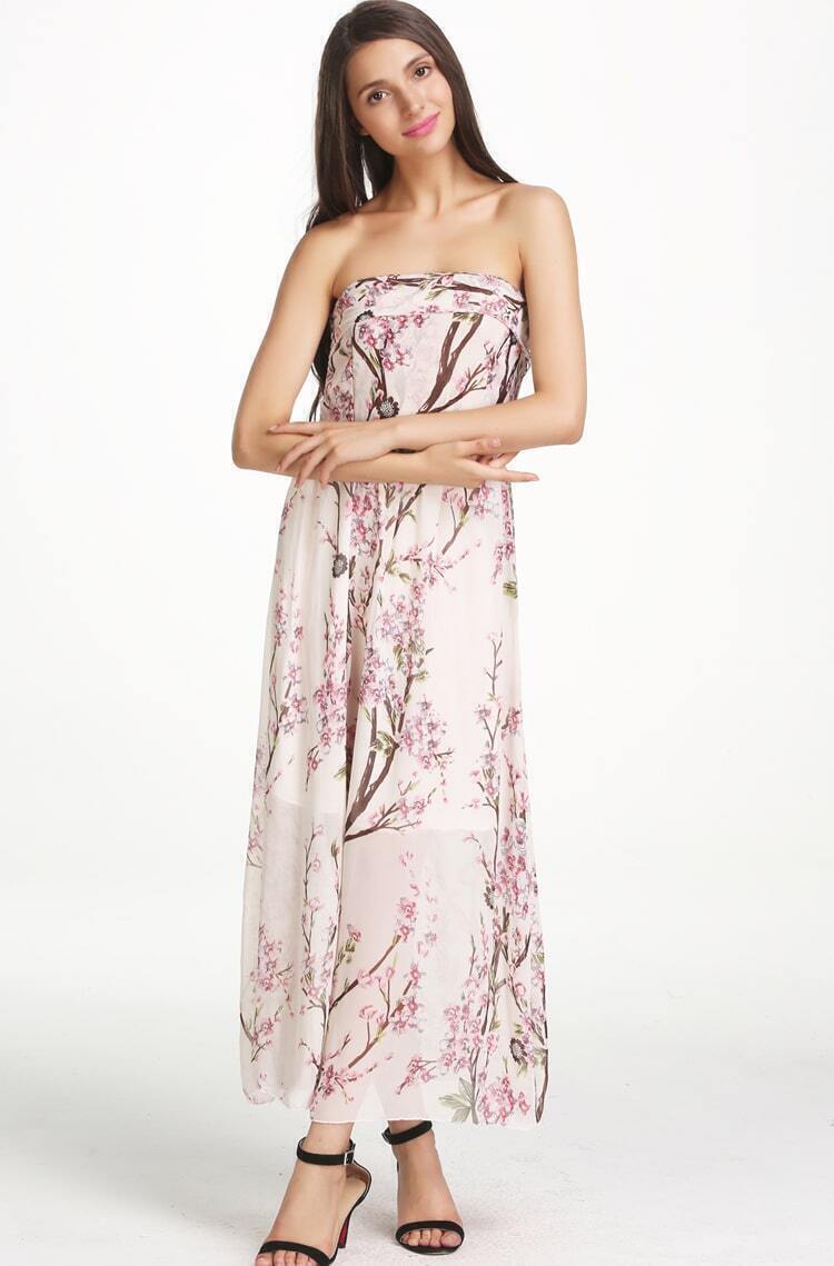 Apricot Strapless Floral Chiffon Maxi Dress Shein Sheinside