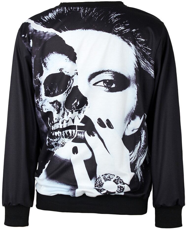 Black Long Sleeve Skull Beauty Print Sweatshirt Shein Sheinside