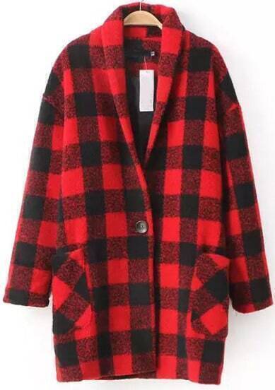 Red Long Sleeve Plaid Woolen Coat Shein Sheinside