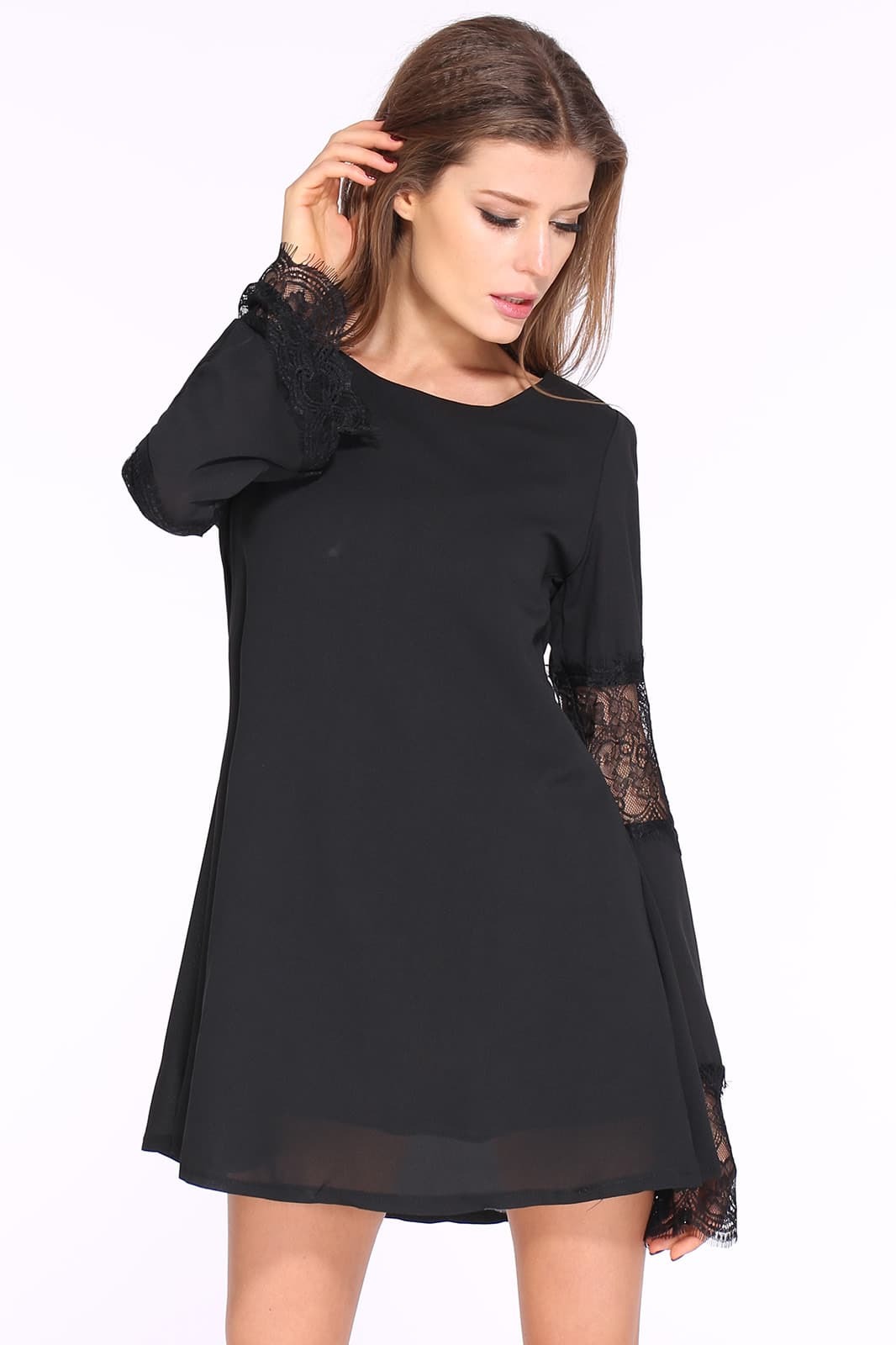 Black Long Sleeve Contrast Lace Loose Dress Sheinsheinside