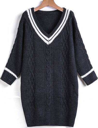 Grey V Neck Cable Knit Loose Sweater Shein Sheinside