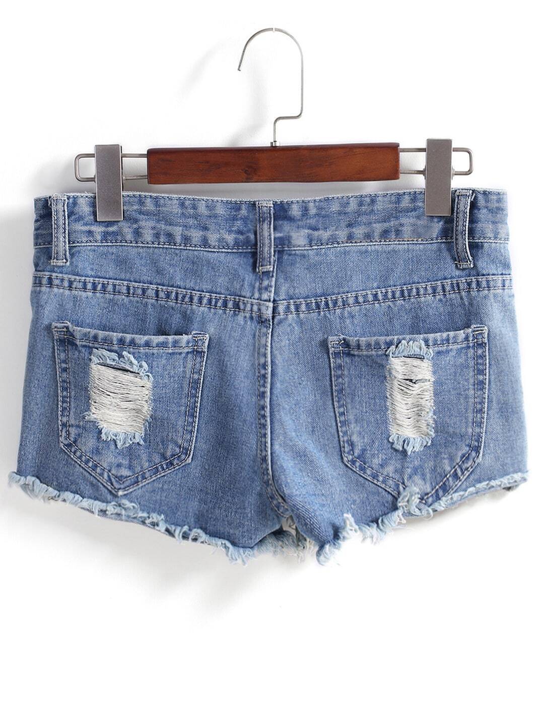 Blue Fringe Ripped Shorts Sheinsheinside