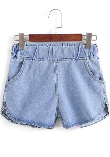 Blue Elastic Waist Denim Shorts Shein Sheinside