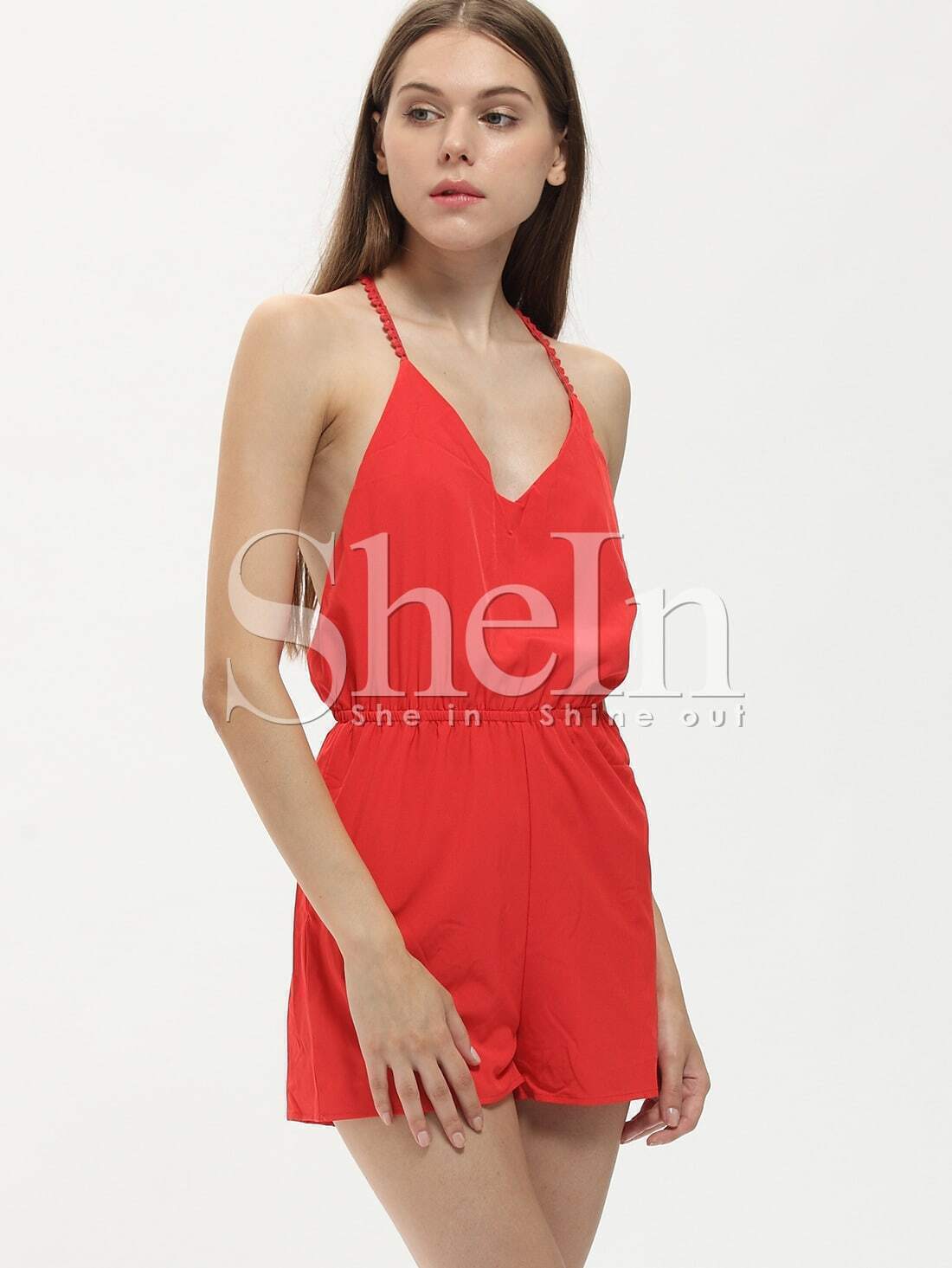 Red Halter V Neck Backless Playsuit Shein Sheinside