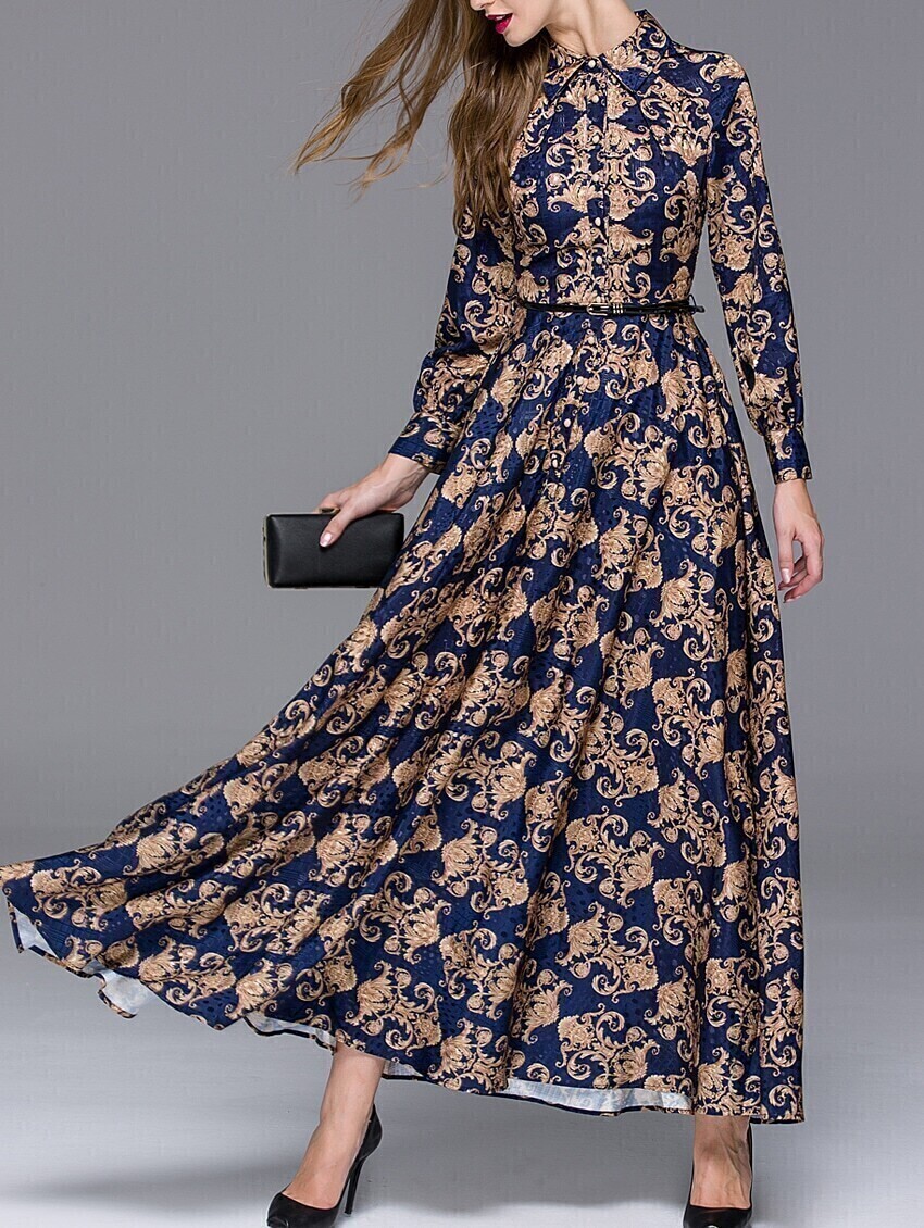 Multicolor Lapel Long Sleeve Drawstring Print Dress -shein(sheinside)