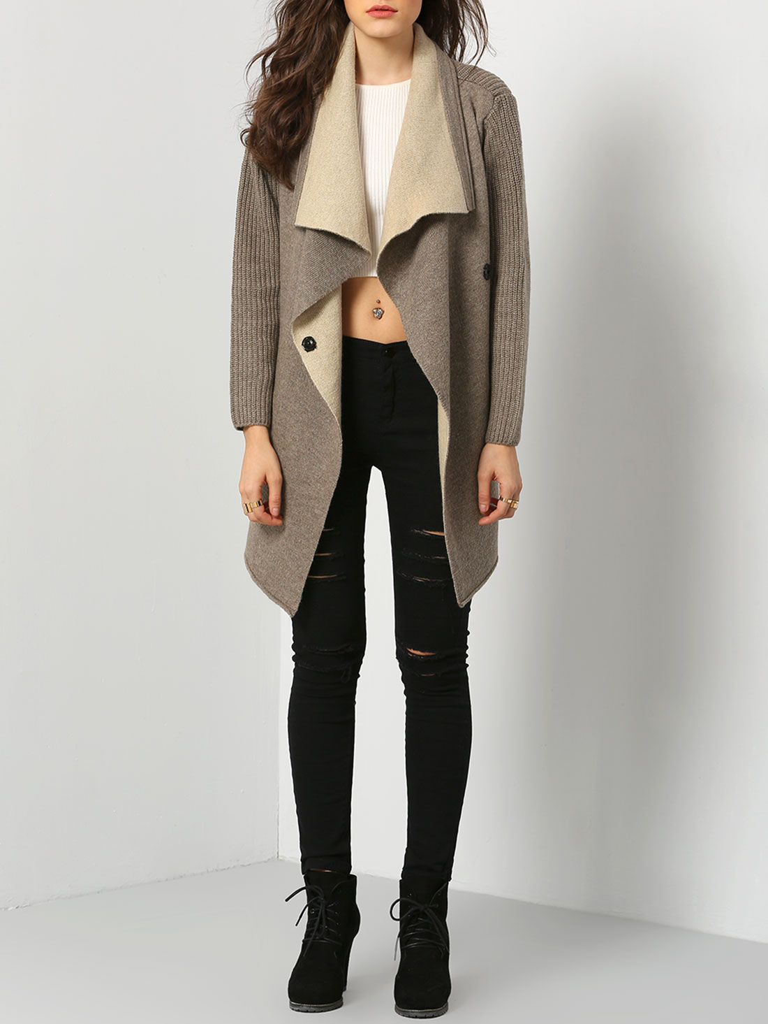 Grey Lapel Pockets Loose Sweater Coat Shein Sheinside