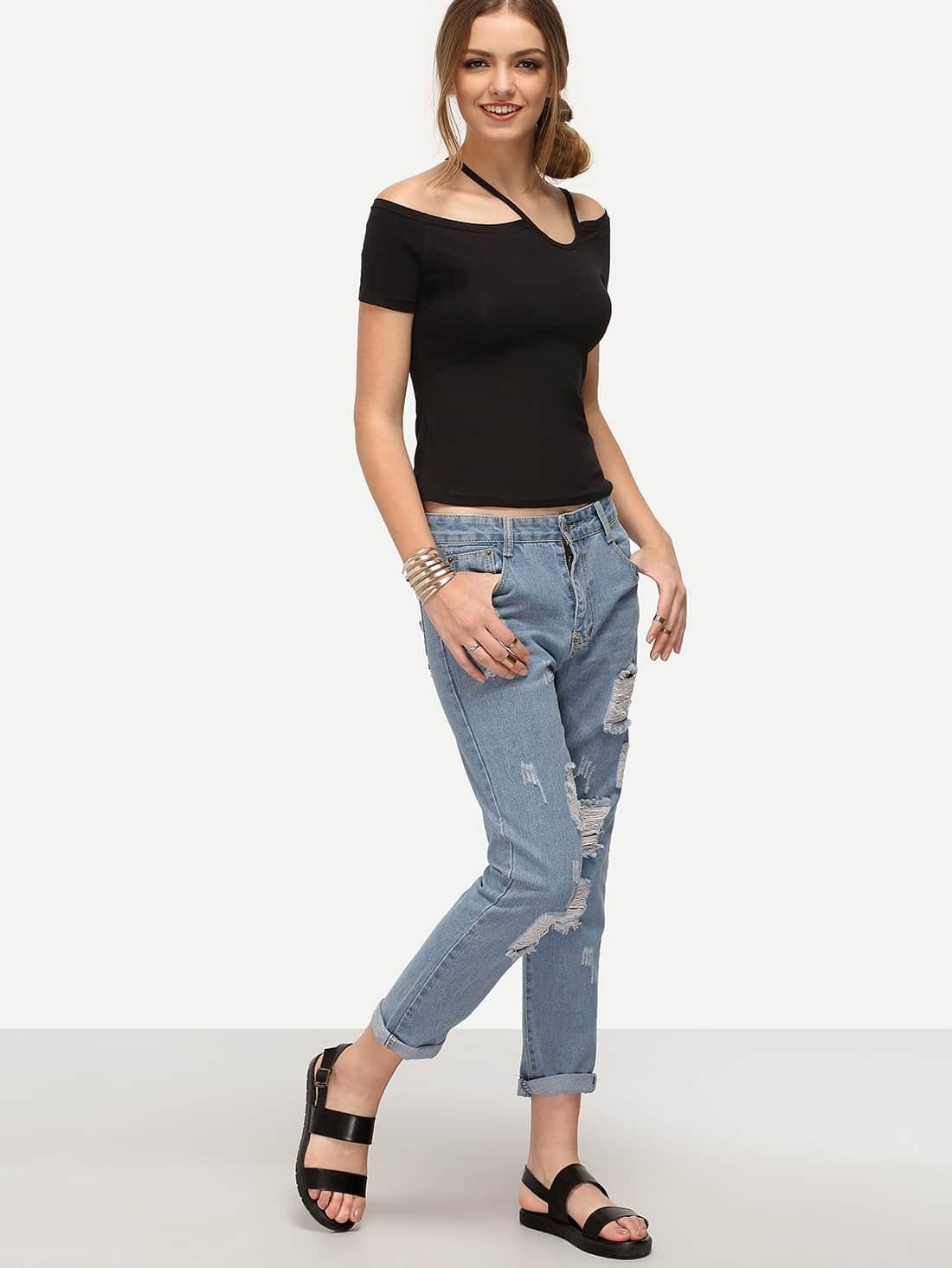 Black Asymmetric Strap Off The Shoulder T-shirt -SheIn(Sheinside)