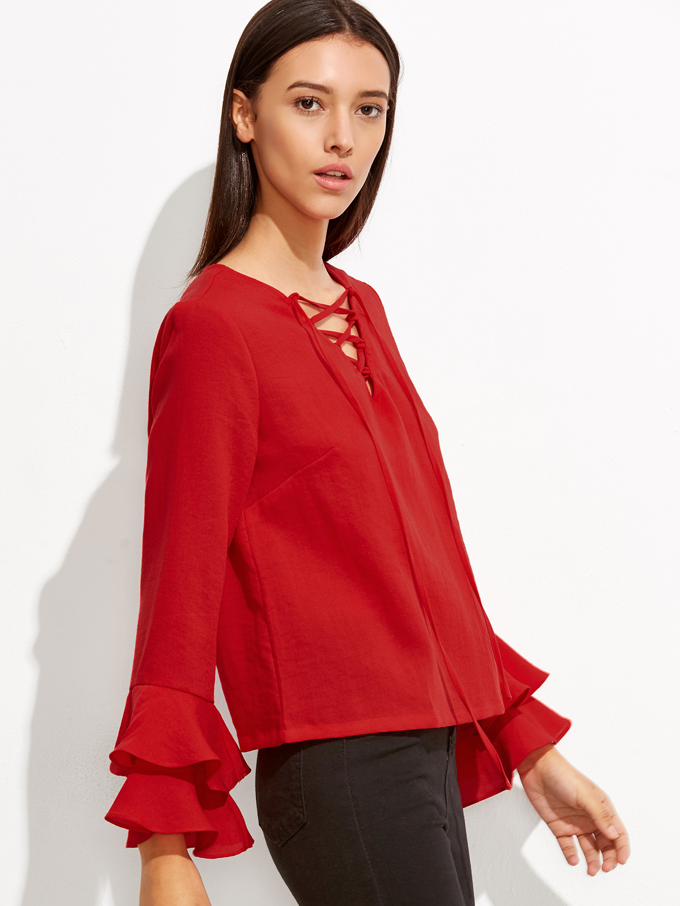 Red Lace Up V Neck Layered Ruffle Sleeve Blouse Shein Sheinside
