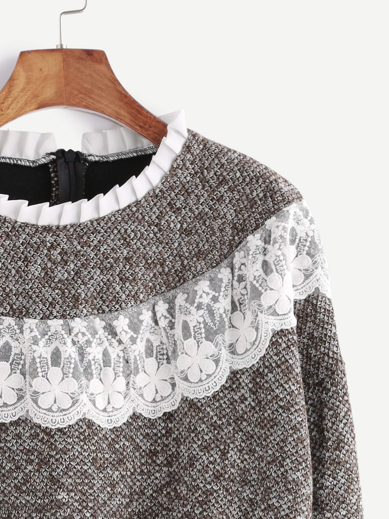 Khaki Contrast Lace Ruffle Trim Sweatshirt Shein Sheinside