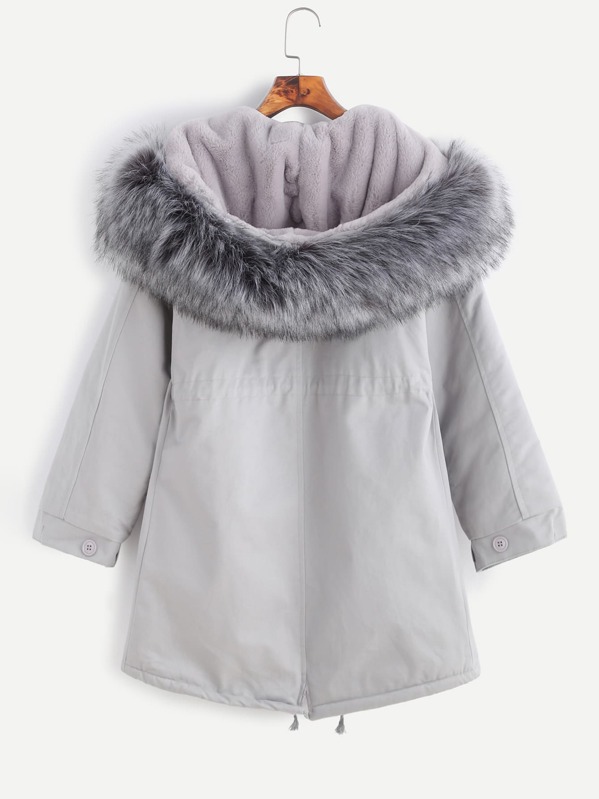Grey Fuzzy Trim Drawstring Fleece Inside Hooded Coat | SHEIN USA
