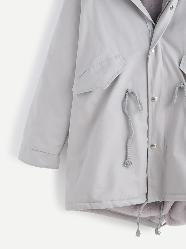 Grey Fuzzy Trim Drawstring Fleece Inside Hooded Coat | SHEIN USA