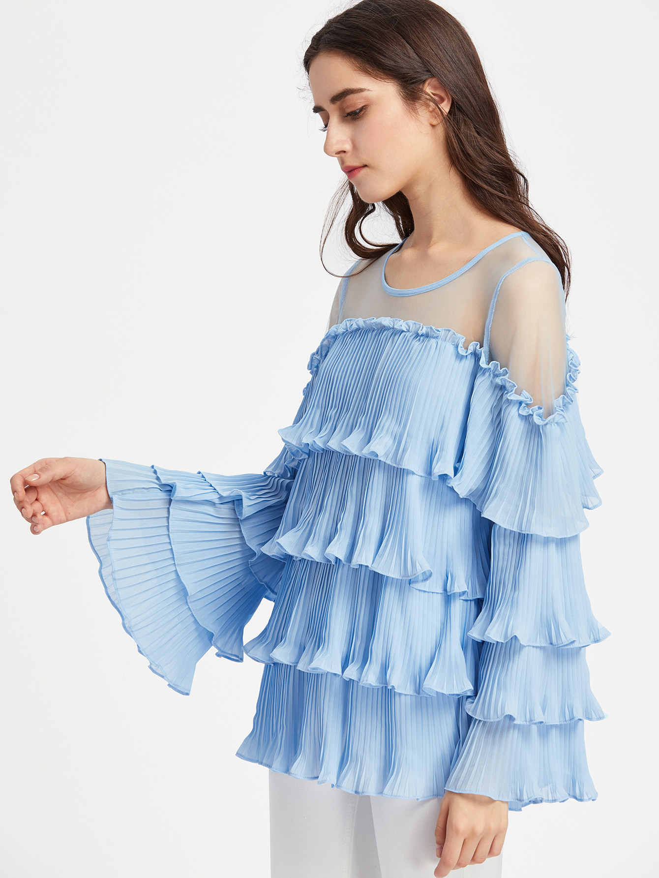 Illusion Neck Trumpet Sleeve Pleated Tiered Top -SheIn(Sheinside)