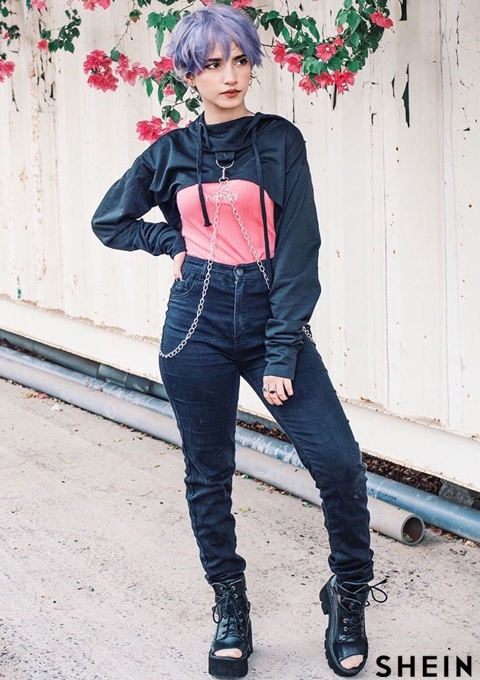 Solid Chain Detail Super Crop Hoodie Without Striped Top Shein Usa