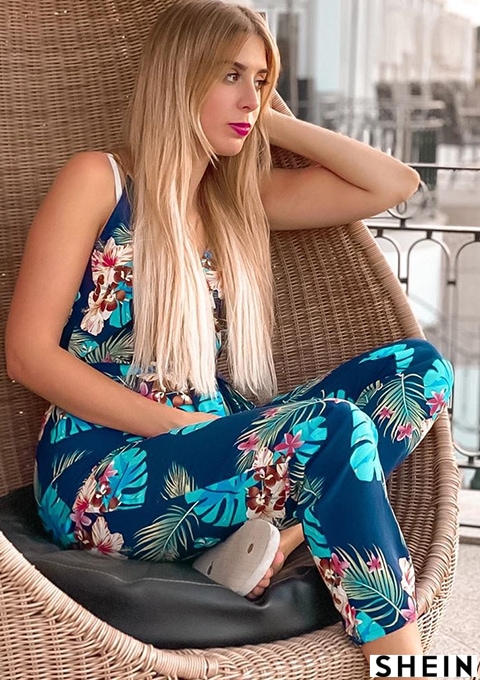 Shein Vcay Surplice Neck Self Belted Tropical Cami Jumpsuit Shein Uk