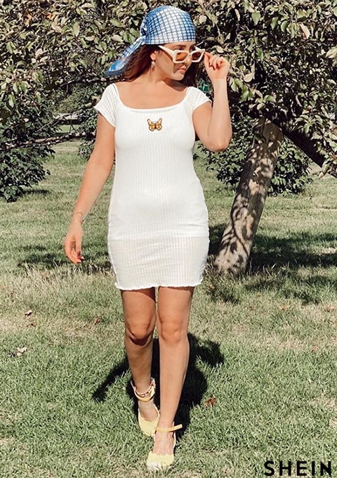Shein Qutie Vestido Tejido De Canalé Ribete En Forma De Lechuga Con