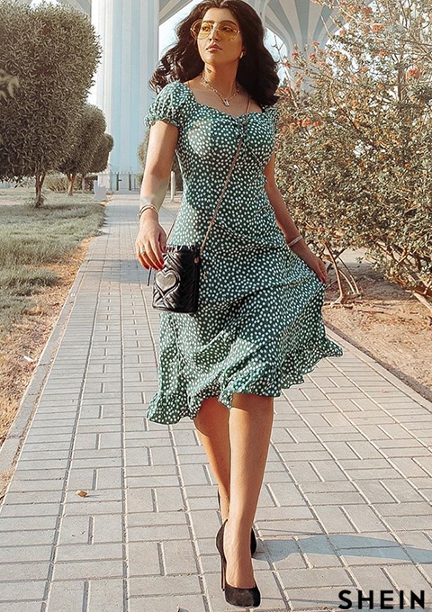 SHEIN VCAY Babado Nó Enrugado Bainha com babado Zíper Florzinhas Boho Vestido | SHEIN Brasil